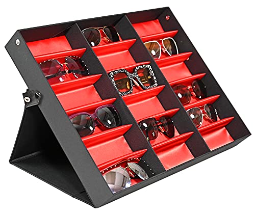 Home-X 18-Slot Standing Glasses Organizer, Glasses Holder, Commercial Sunglasses and Eyewear Display, Collectables Storage Box, Travel Display Case, 18 ΒΎ" L x 15" W x 2 ΒΌ" H, Red