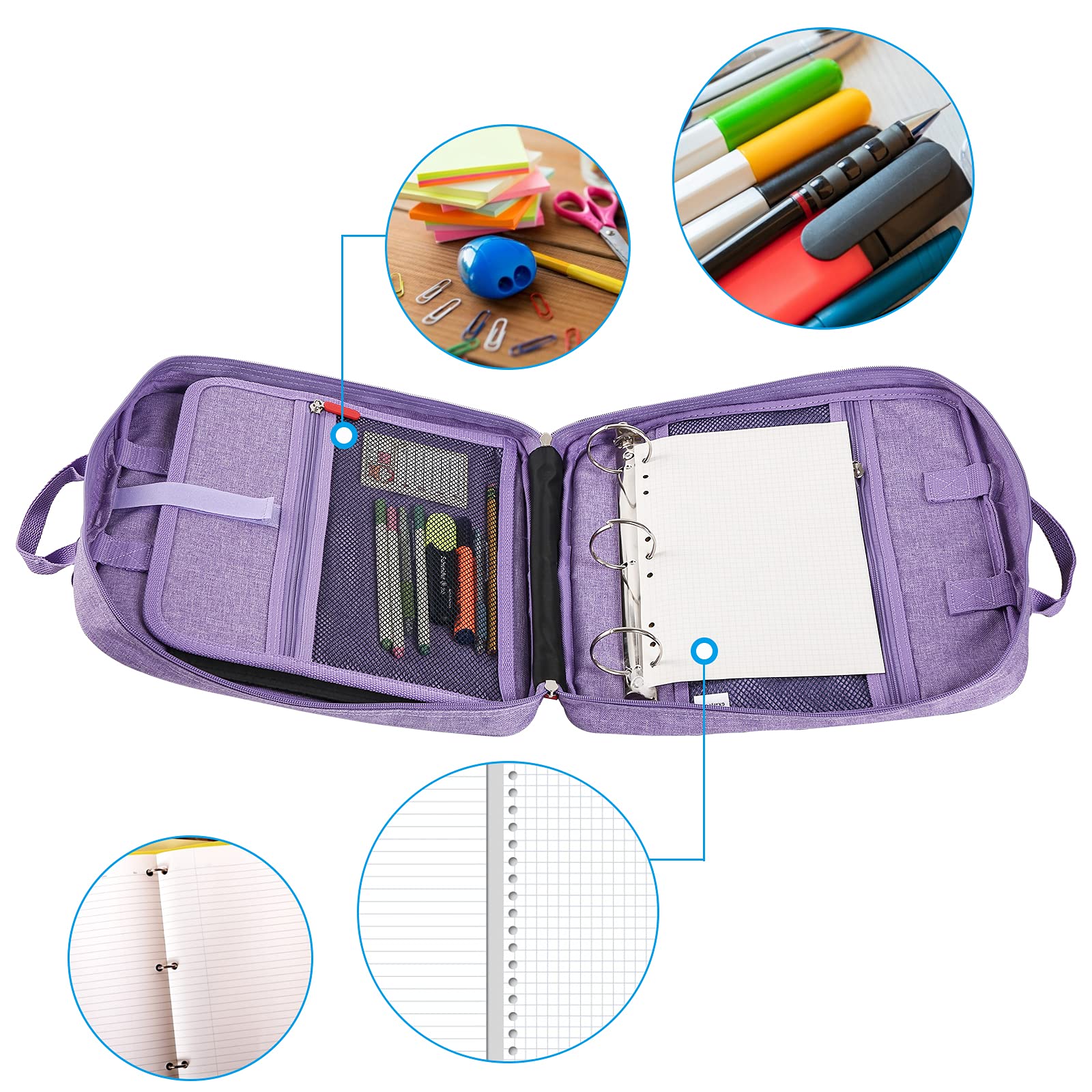 GXaryFulin Zipper Binder with Shoulder Strap & Handle, 3 O-Ring Binder for Office & School Supplies (2 inch, Blue)