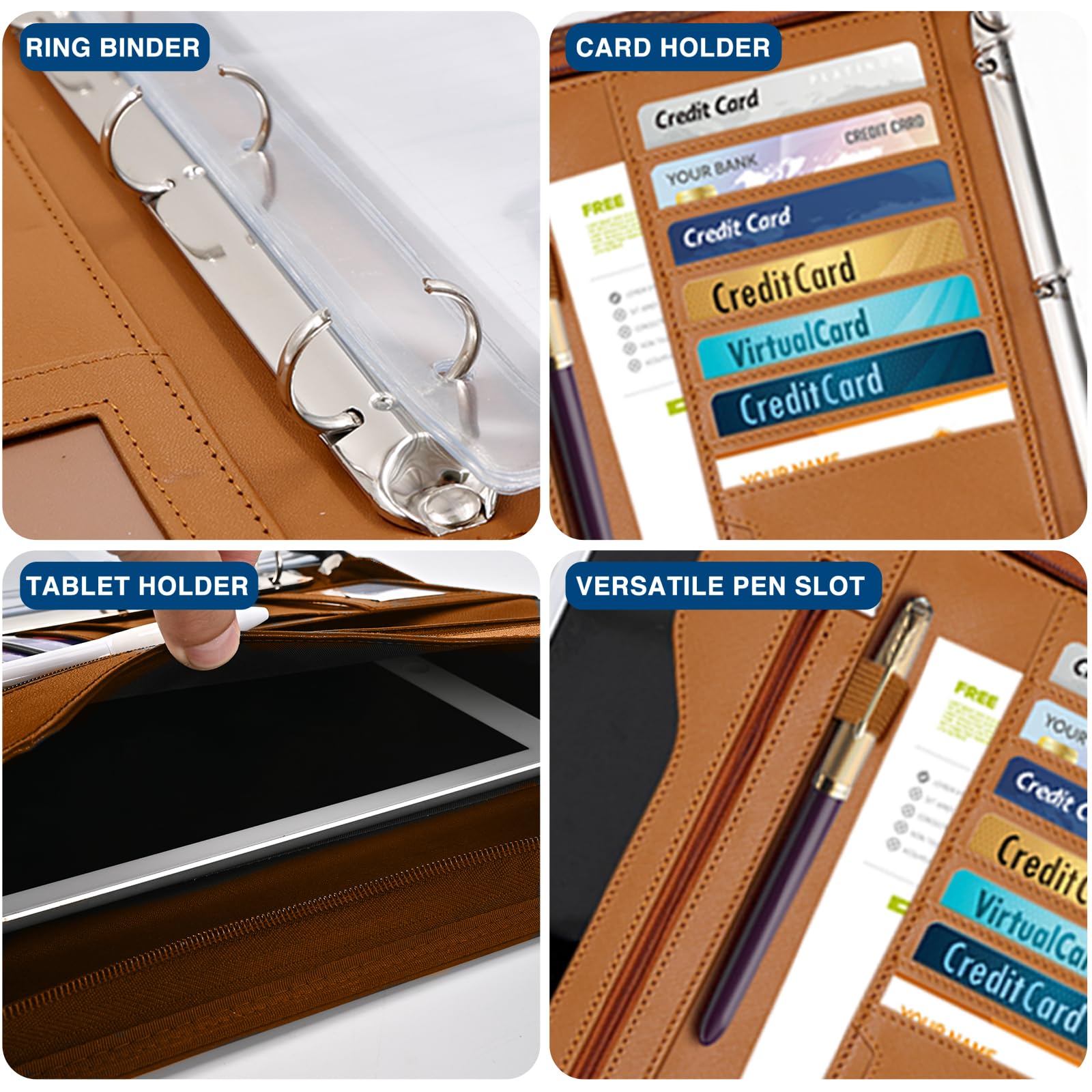 Linaxbong Padfolio Portfolio Business Binders—3 Ring Binders,Secure Zippered Closure,Resume padfolio Business Organizer—Pu Leather Padfolio Portfolio Binders for Men & Women (Brown)
