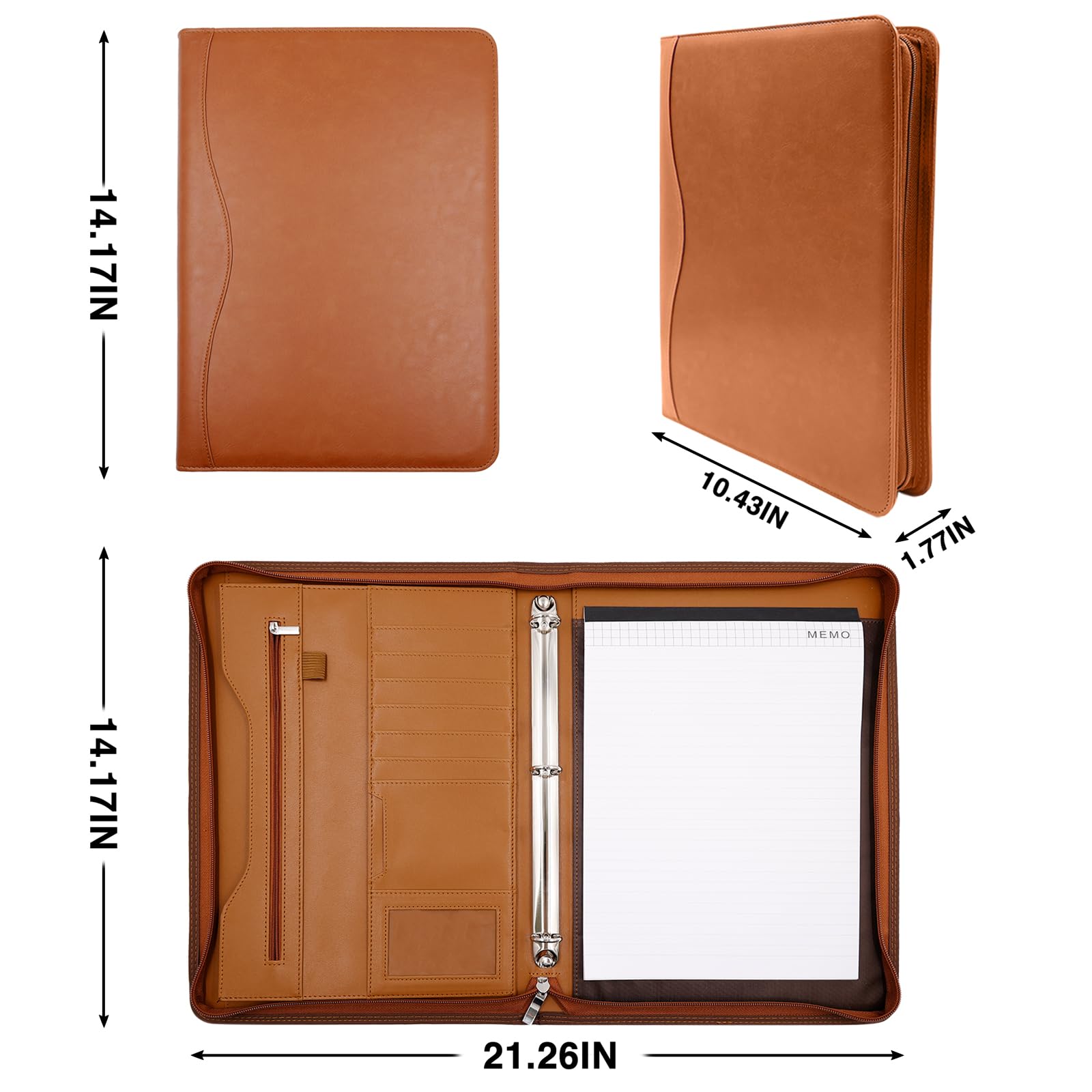 Linaxbong Padfolio Portfolio Business Binders—3 Ring Binders,Secure Zippered Closure,Resume padfolio Business Organizer—Pu Leather Padfolio Portfolio Binders for Men & Women (Brown)