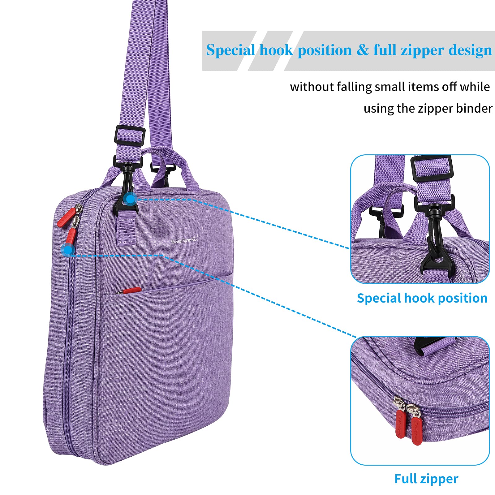 GXaryFulin Zipper Binder with Shoulder Strap & Handle, 3 O-Ring Binder for Office & School Supplies (2 inch, Blue)