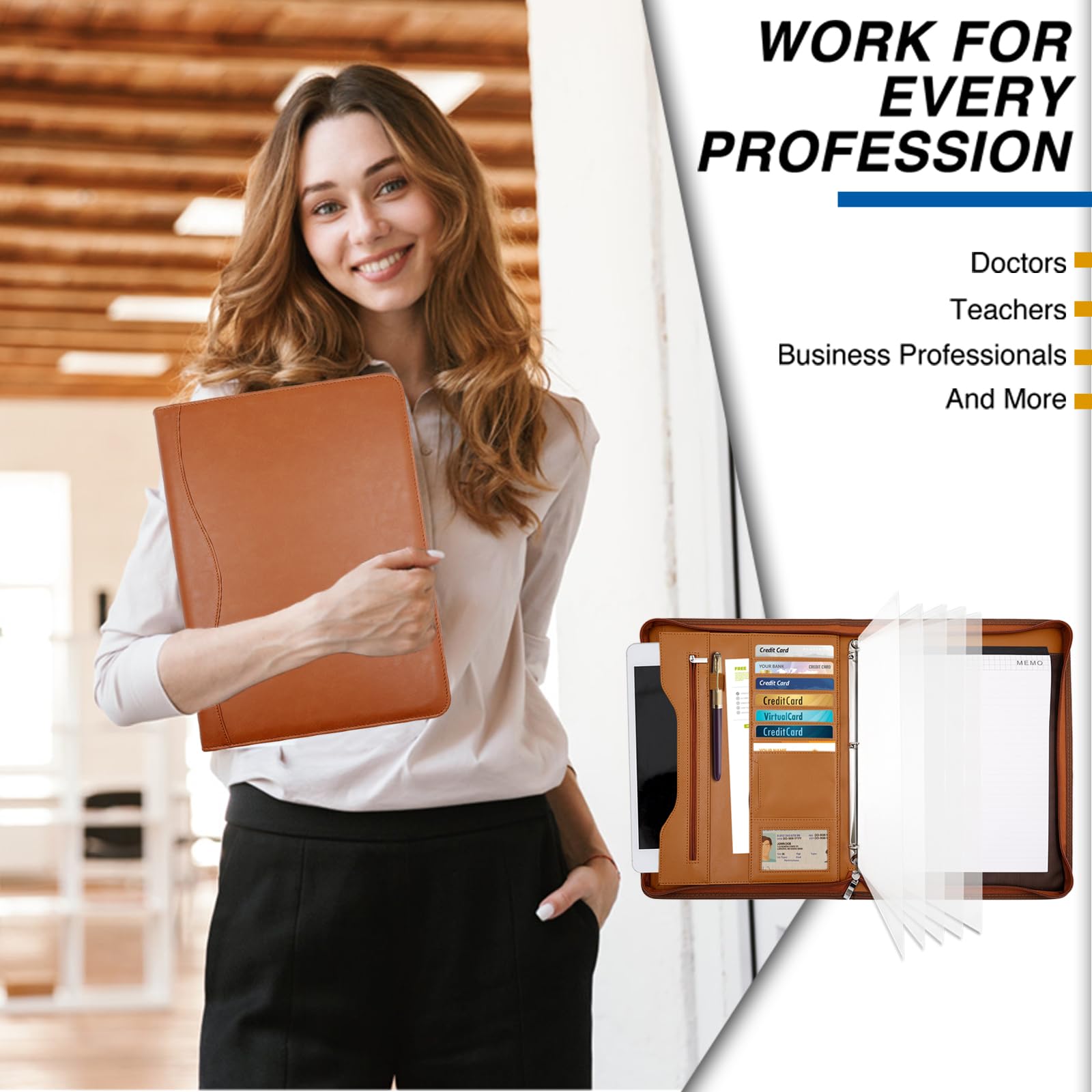 Linaxbong Padfolio Portfolio Business Binders—3 Ring Binders,Secure Zippered Closure,Resume padfolio Business Organizer—Pu Leather Padfolio Portfolio Binders for Men & Women (Brown)