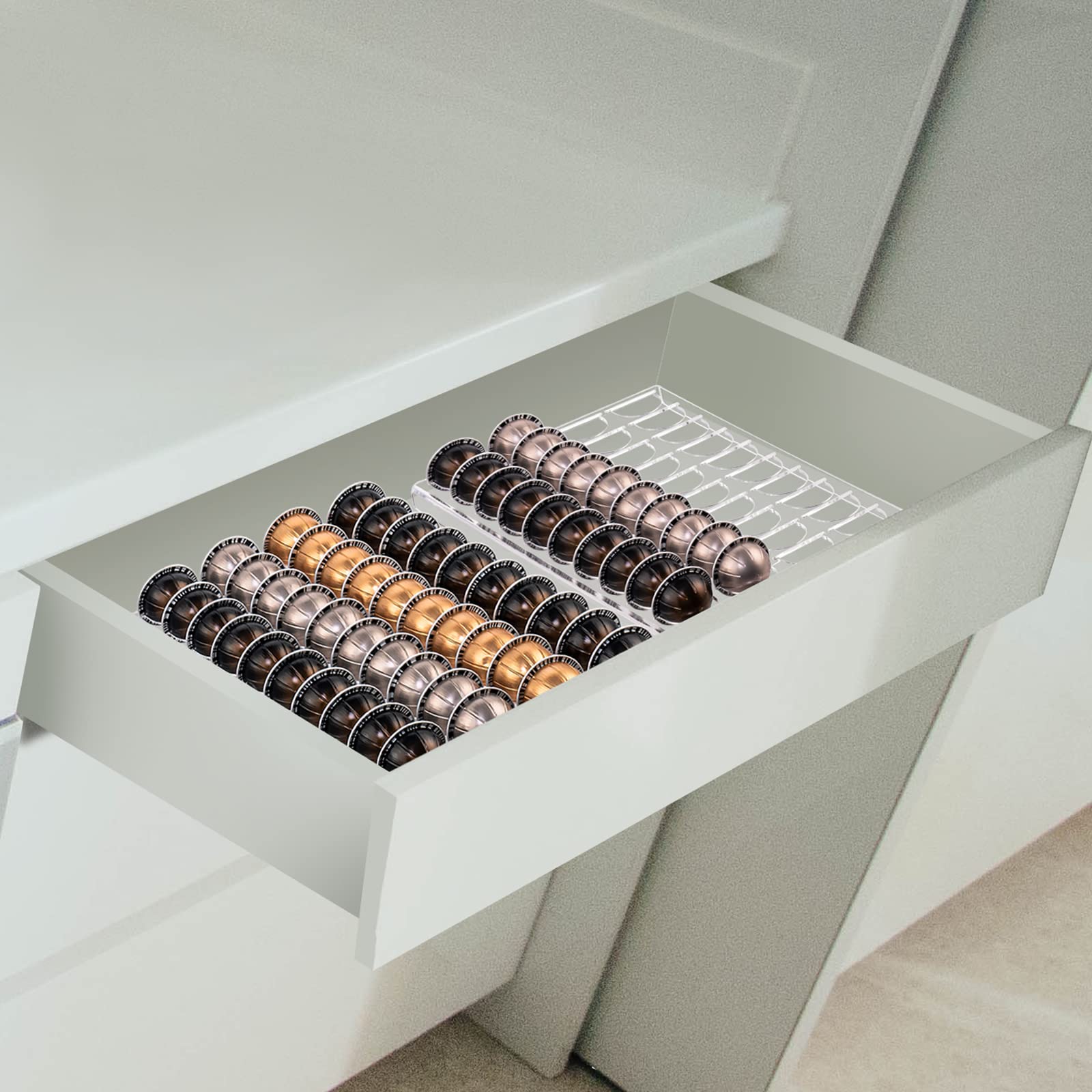 Sumerflos Coffee Pod Holder Storage Tray 15.75" L x 10.23" H for Vertuoline Capsule, Drawer Insert Organizer Holds 40 Pods Drawer of Kitchen, Home, Office - Clear