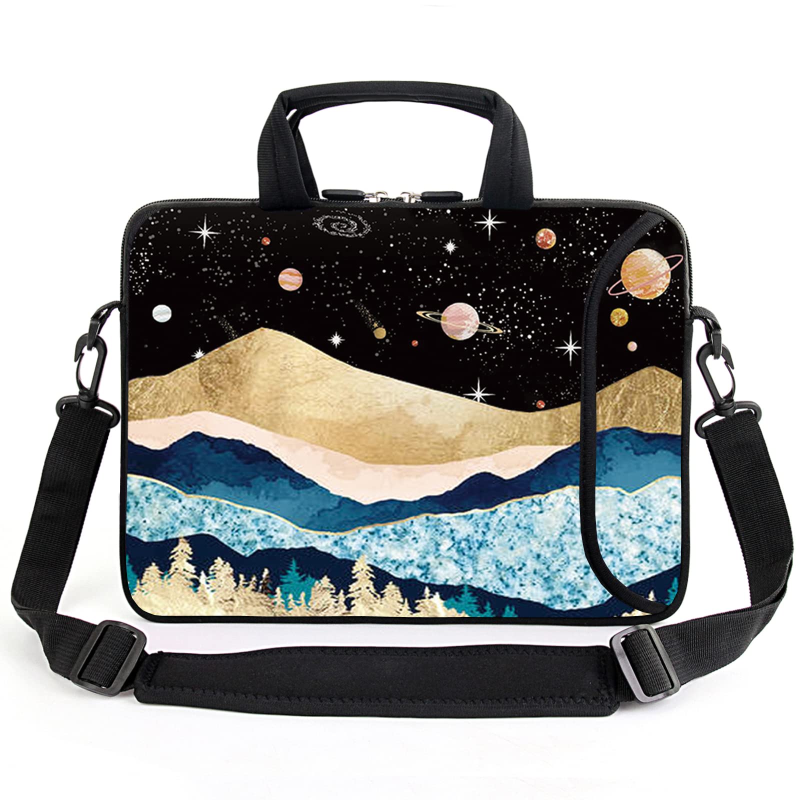 AMARY 15.4" 15.6" laptop sleeve adjustable shoulder strap with handle accessory pocket for men women (Mountains Galaxy)