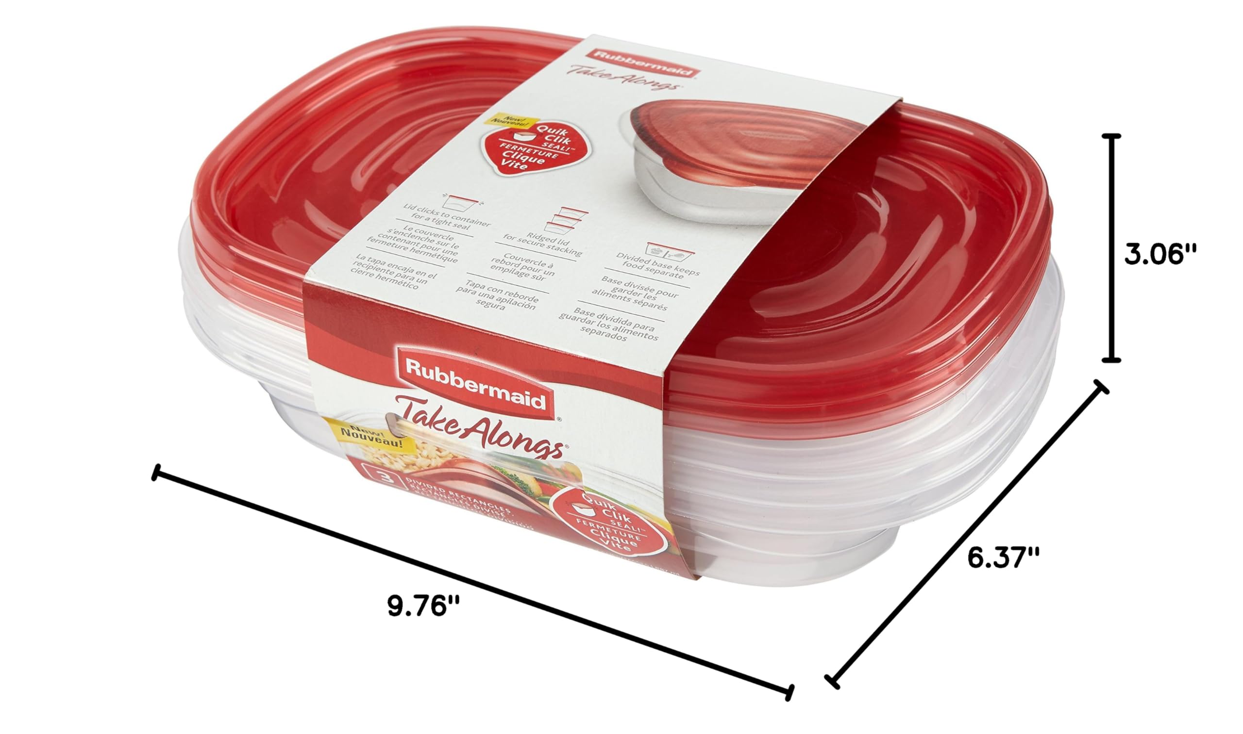 Rubbermaid TakeAlongs Divided Rectangular Food Storage Containers, 3.7 Cup, Tint Chili, 3 Count