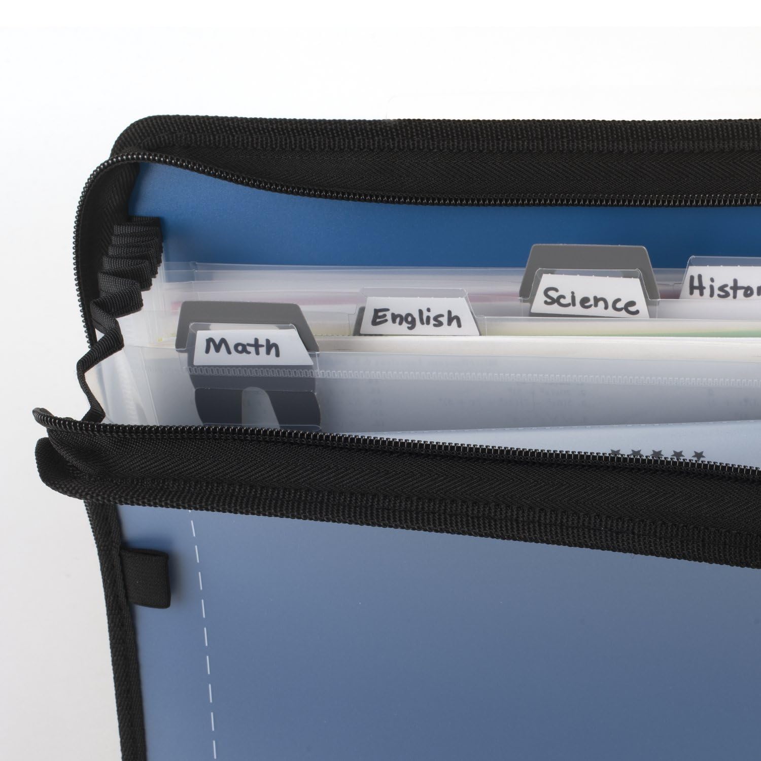 Five Star 7 Pocket Expanding File Organizer + Study App, Plastic Expandable File Folders with Customizable Tabs & Clear Cover, Holds 11" x 8-1/2", Zipper Closure, Pacific Blue (72711)
