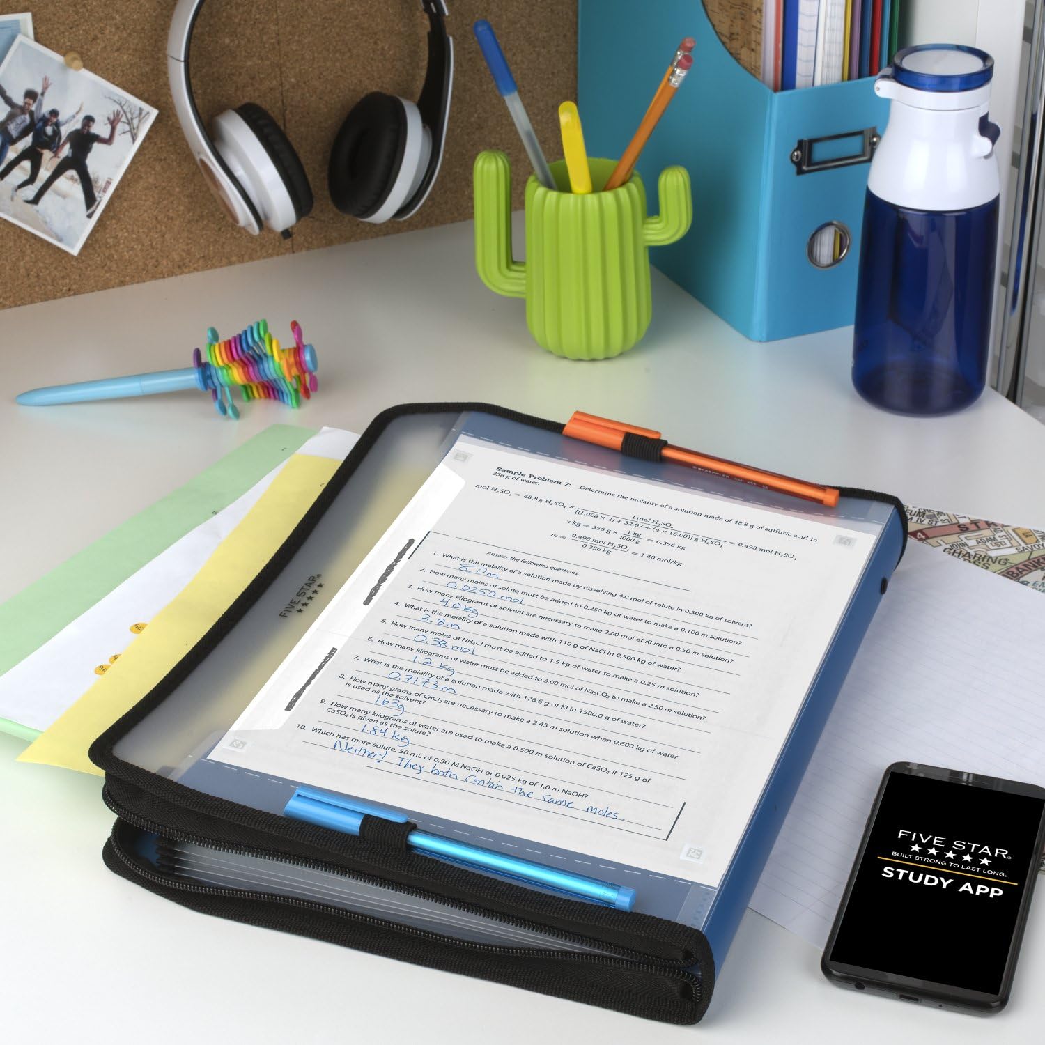 Five Star 7 Pocket Expanding File Organizer + Study App, Plastic Expandable File Folders with Customizable Tabs & Clear Cover, Holds 11" x 8-1/2", Zipper Closure, Pacific Blue (72711)
