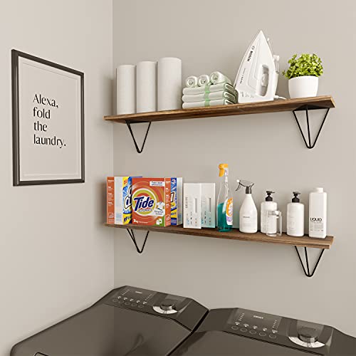 Wallniture Colmar Bathroom Shelves for Over The Toilet Storage, 36"x6" Floating Shelves for Wall Storage, Dark Burned Wood Wall Shelves Set of 2