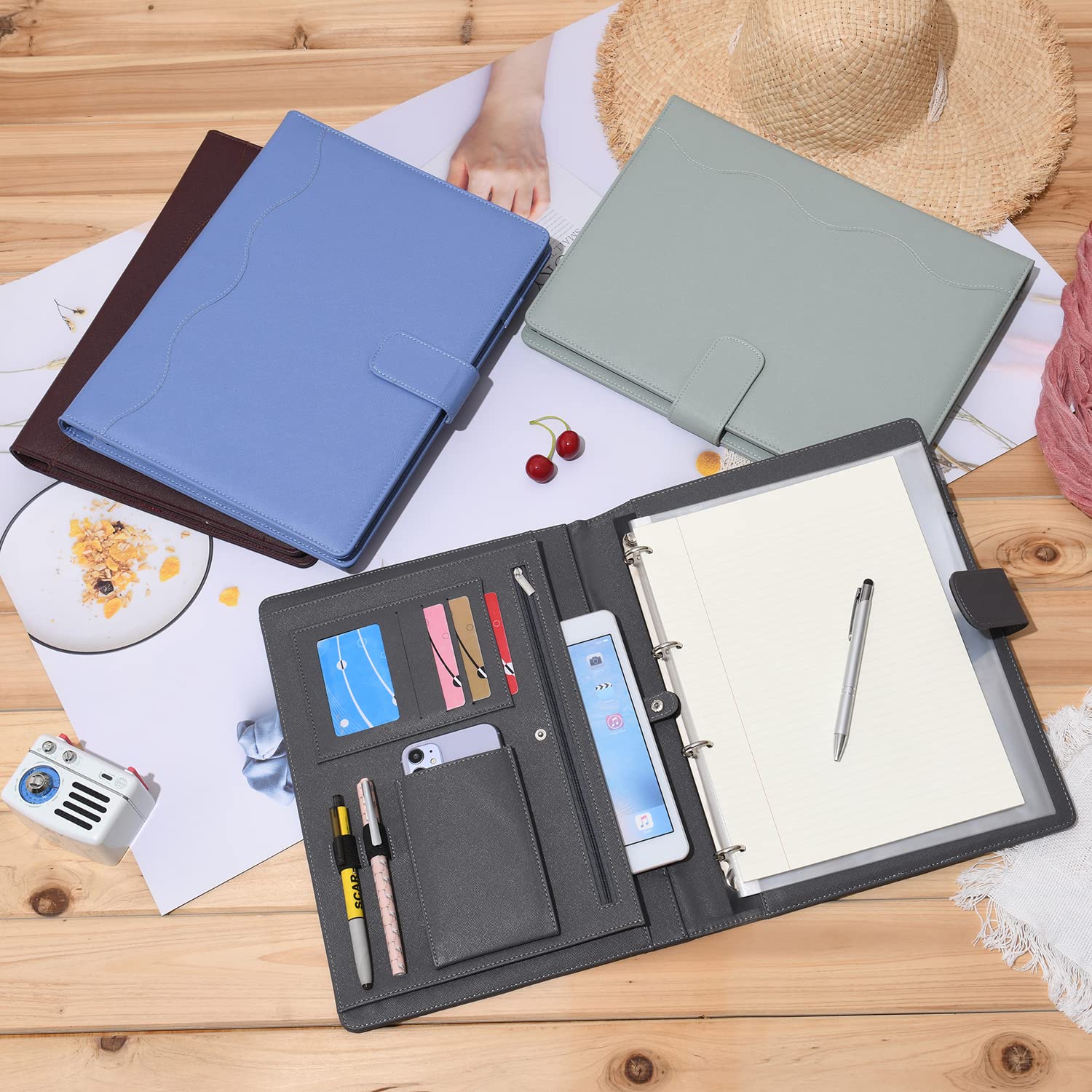 Wonderpool A4 PU Leather Ring Holder Writing Portfolio Multi Document Case with Removable Binder Clipboard and Functional Pocket for Organizer Office Travel School (Blue)