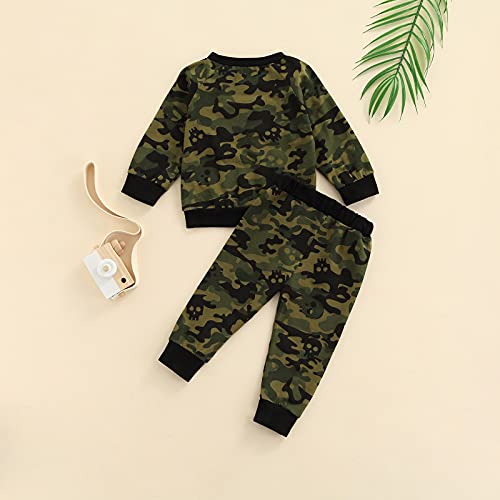 SCEINRET Baby Boys Camouflage Outfits, Long Sleeve Round Neck Sweatshirt + Elastic Waist Camo Long Trousers (Army Green, 2T)