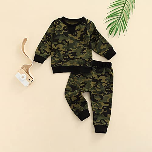 SCEINRET Baby Boys Camouflage Outfits, Long Sleeve Round Neck Sweatshirt + Elastic Waist Camo Long Trousers (Army Green, 2T)