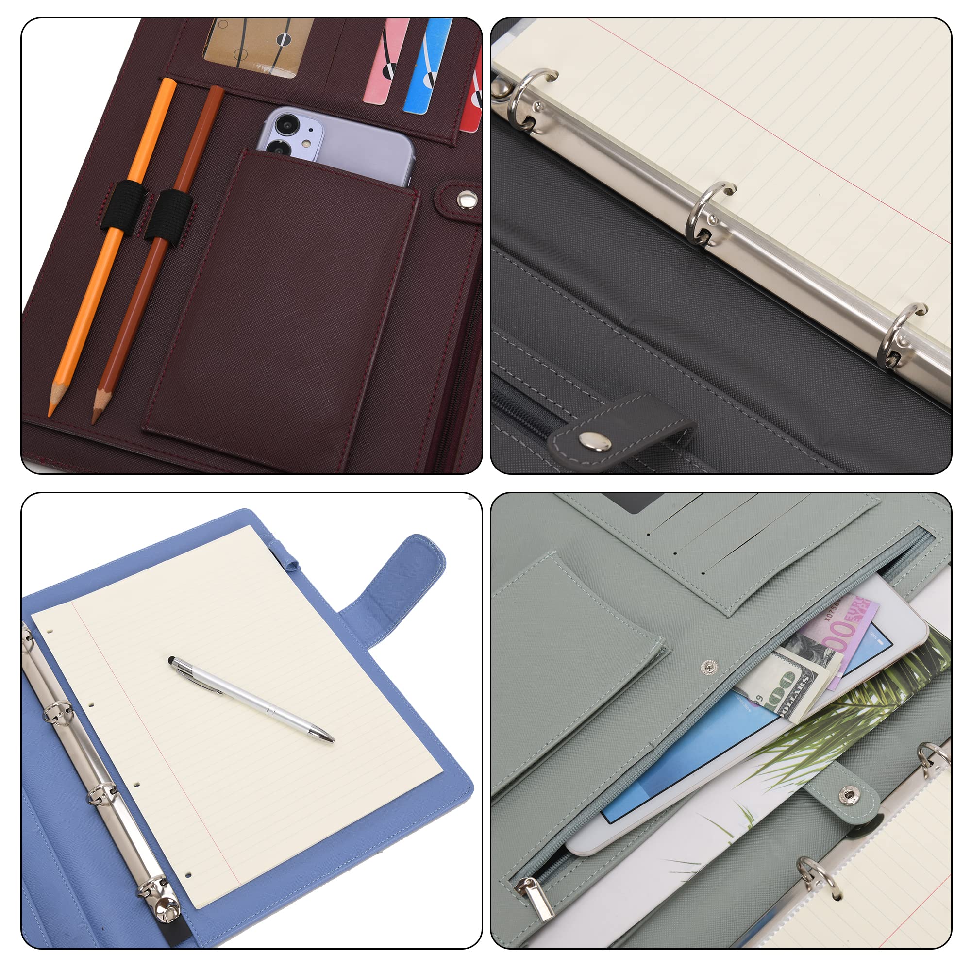 Wonderpool A4 PU Leather Ring Holder Writing Portfolio Multi Document Case with Removable Binder Clipboard and Functional Pocket for Organizer Office Travel School (Blue)