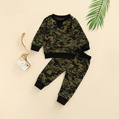 SCEINRET Baby Boys Camouflage Outfits, Long Sleeve Round Neck Sweatshirt + Elastic Waist Camo Long Trousers (Army Green, 2T)