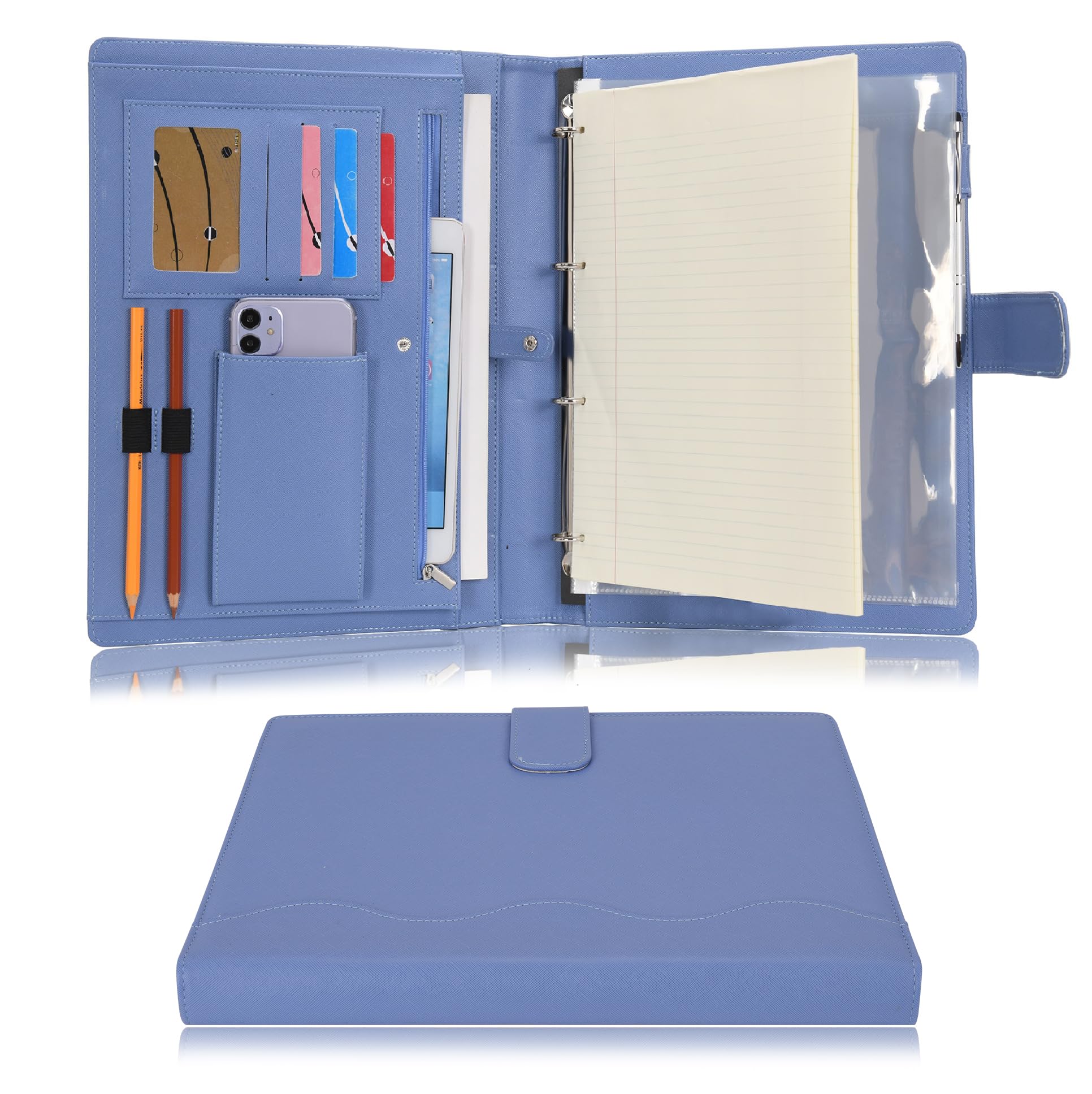 Wonderpool A4 PU Leather Ring Holder Writing Portfolio Multi Document Case with Removable Binder Clipboard and Functional Pocket for Organizer Office Travel School (Blue)