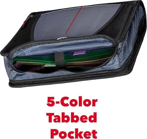 Case-it Mighty Zip Tab Zipper Binder, 3" O-Ring with 5-Color tabs, Expanding File Folder and Shoulder Strap and Handle, D-146-JBK Jet Black