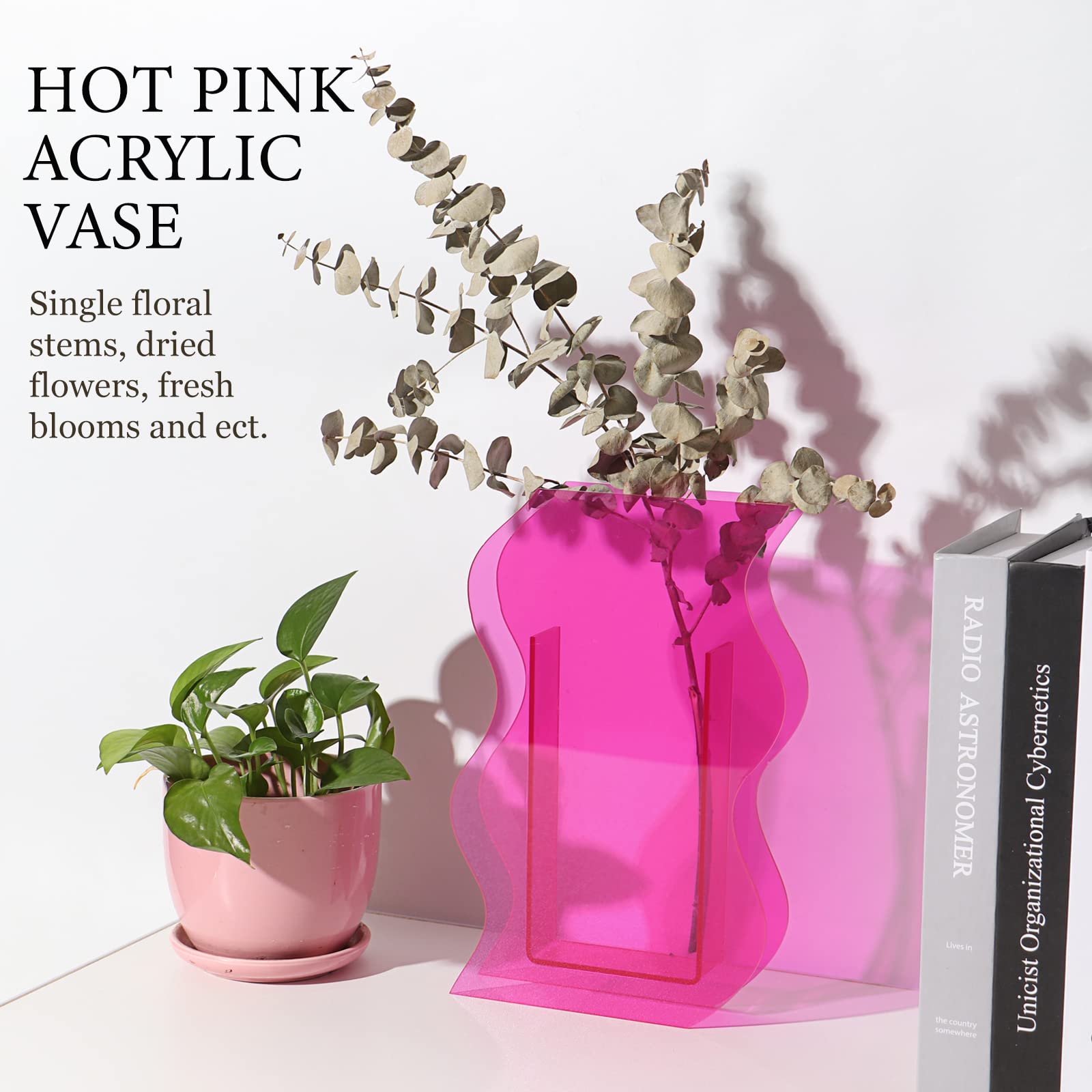 DaizySight Acrylic Flower Vase for Aesthetic Room Decor, Irregular Curvy Wave Plastic Decorative Vase for Bedroom, Living Room Table - Pink Wave