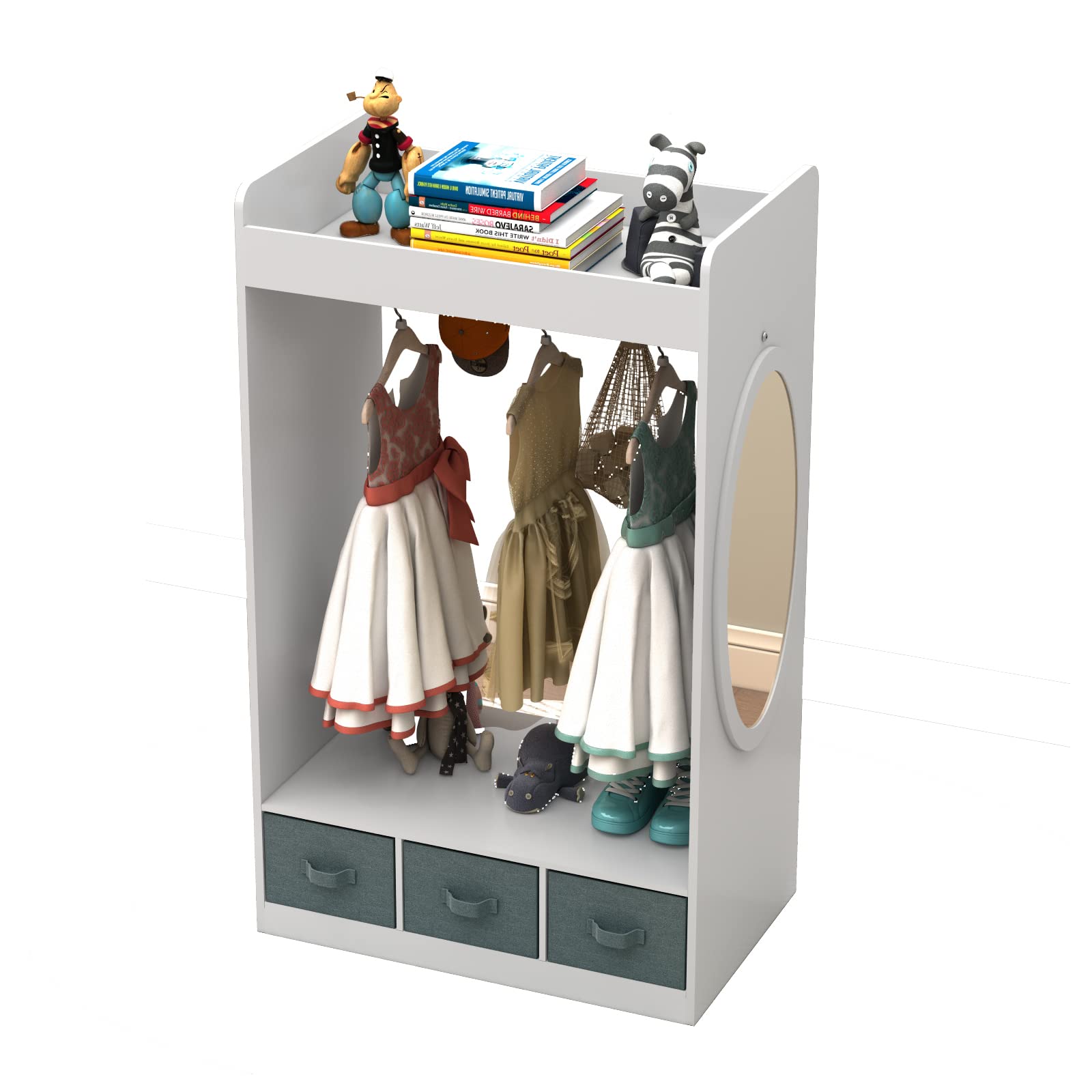 WISCLASS Kids Dress Up Storage with Mirror and Drawers, Kid Armoire Dresser, Open Costume Closet, Costume Rack, Lovely White for Girls Room