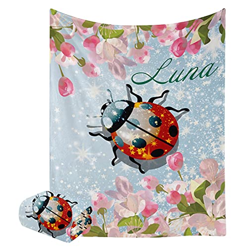 Personalized Ladybug on Pretty Flower Baby Blanket with Name Text Custom Newborns Infants Swaddling Blankets for Boys &Girls Shower Birthday Gift 30 X 40 inches