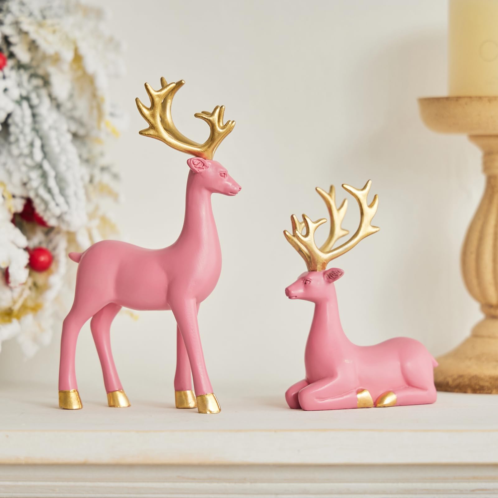 BULINGNA 2PCS Christmas Reindeer Figurines Sitting & Standing Deer Resin Statues Home Decor Creative Elk Decor for Cabinet, Office, Desktop (One Size, A-Pink)