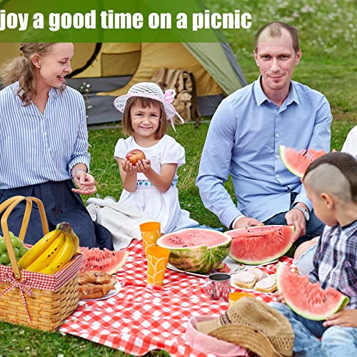 Picnic Basket Natural Woven Woodchip Basket with Double Folding Handles, Picnic Blanket Easter Basket for Easter Egg Candy Halloween Christmas Kids Toy Storage (Red and White Grid)