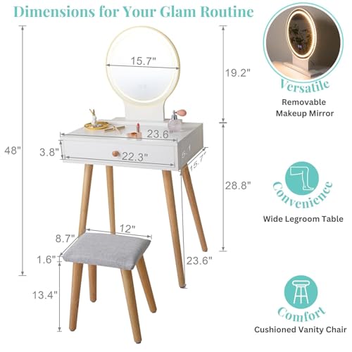 LUXFURNI Vanity Desk with Lighted Mirror, Makeup Vanity Table Set, Adjustable Brightness, Large Drawer Sturdy Wood, Soft Chair Dresser Desk for Bedroom (White, 24x16x44.5H)