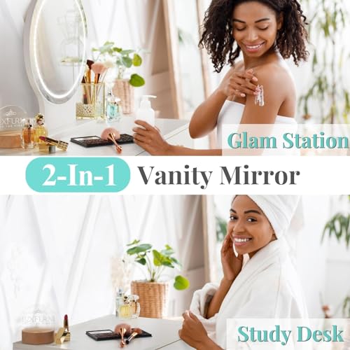 LUXFURNI Vanity Desk with Lighted Mirror, Makeup Vanity Table Set, Adjustable Brightness, Large Drawer Sturdy Wood, Soft Chair Dresser Desk for Bedroom (White, 24x16x44.5H)
