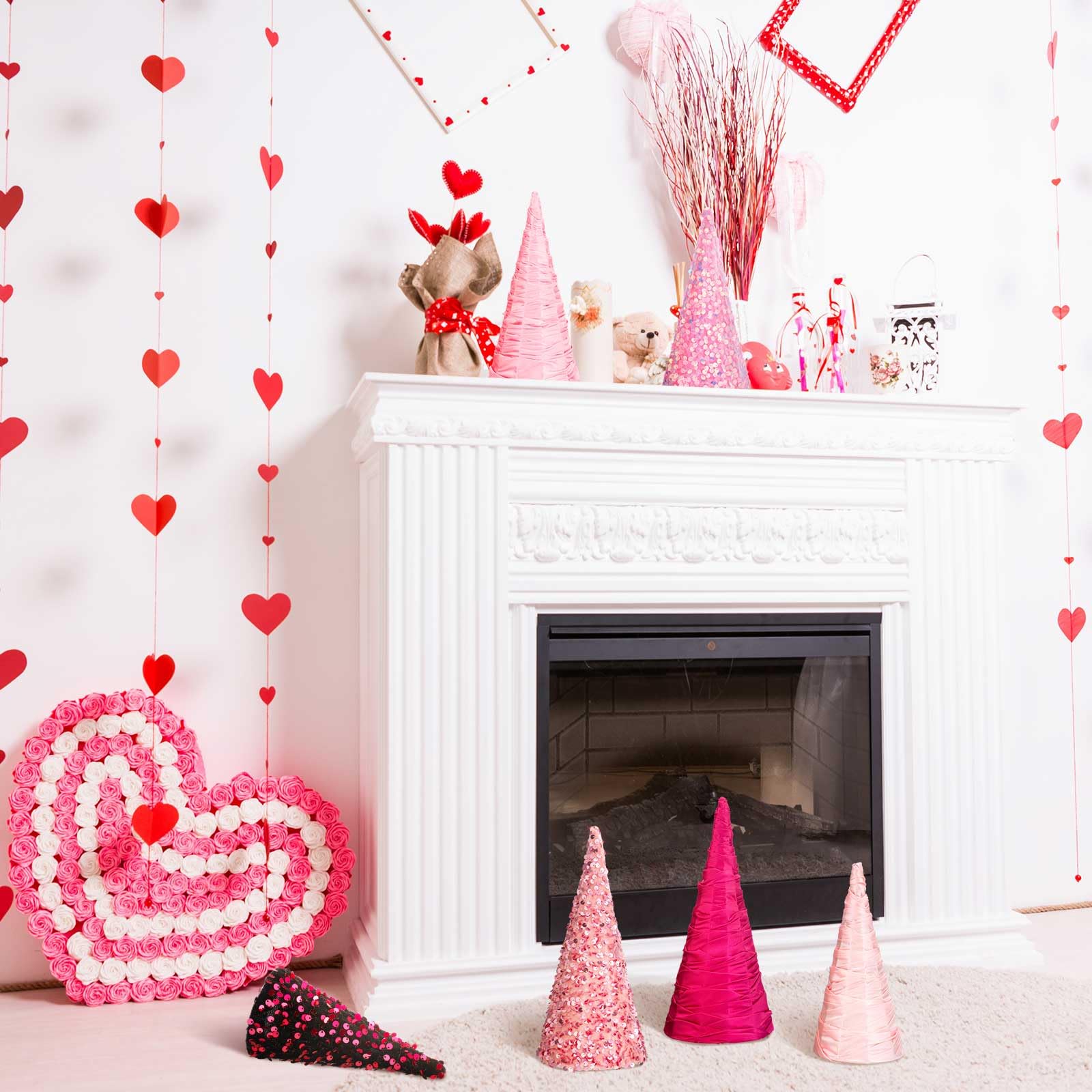 Kigley 6 Pcs Pink Valentine Day Tree Cone Decor 3 Various Size Tabletop Cone Valentine Trees Table Decorations Christmas Indoor Tiered Tray Home Decor Centerpieces(Pink,Wood)