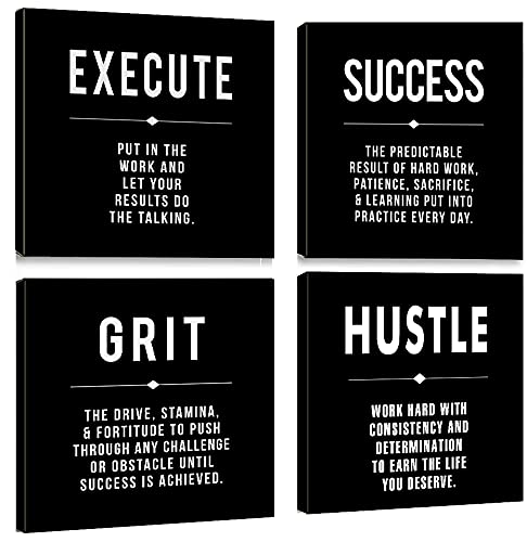 Motivational Grit Success Execute Hustle Quotes Canvas Wall Art -Inspirational Office Wall Art Poster Quotes - Canvas Artwork Picture Print Framed for Home Bedroom Office Wall Decor-12 x12 x4pcs