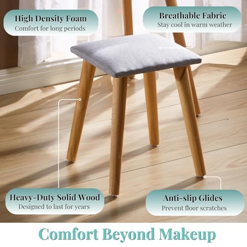 LUXFURNI Vanity Desk with Lighted Mirror, Makeup Vanity Table Set, Adjustable Brightness, Large Drawer Sturdy Wood, Soft Chair Dresser Desk for Bedroom (White, 24x16x44.5H)