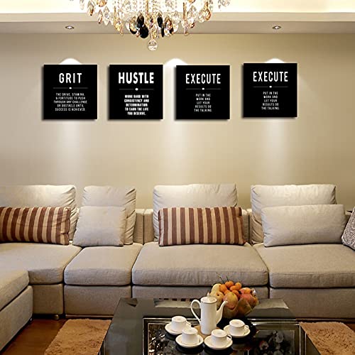 Motivational Grit Success Execute Hustle Quotes Canvas Wall Art -Inspirational Office Wall Art Poster Quotes - Canvas Artwork Picture Print Framed for Home Bedroom Office Wall Decor-12 x12 x4pcs