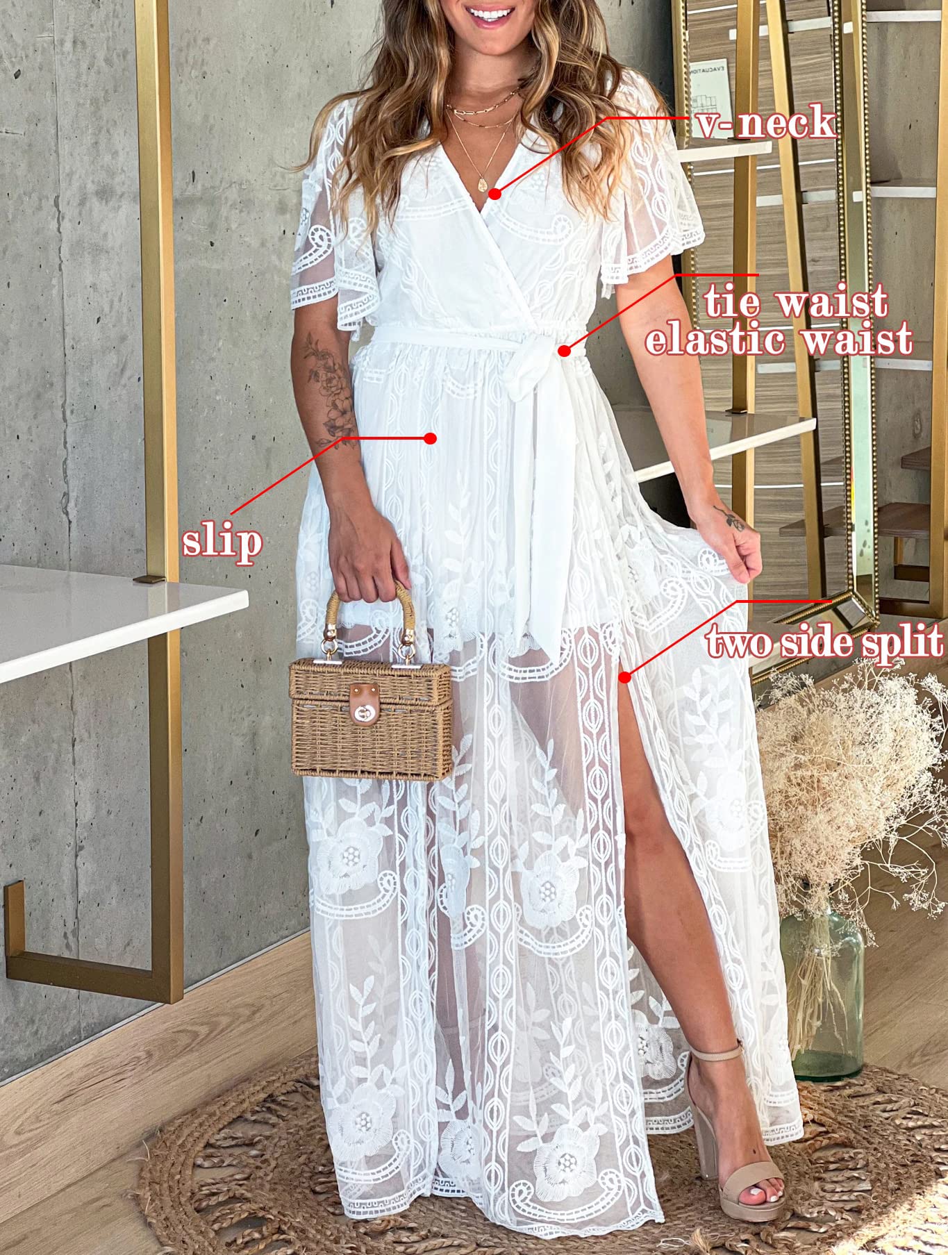 MERMAID'S CLOSET V-Neck Embroidery Lace White Bridal Shower Maxi Dress Women's Tie Waist Side Split Maternity Wedding Party Dresses