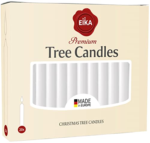 Eika Premium Christmas Tree Candles - Set of 20 Traditional Christmas Wax Candles for Pyramids, Carousels & Chimes - Made in Europe - Solid Colored - White