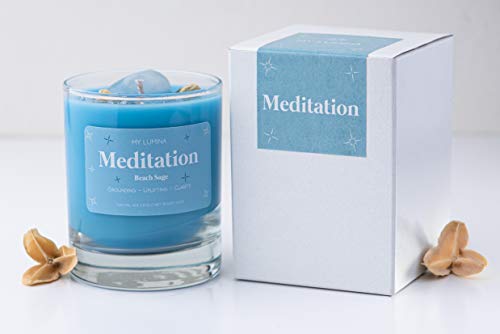 My Lumina Meditation Aromatherapy Candle w/Clear Quartz Crystal Inside, Beach Sage Relaxing Calming Positive Peace Energy, Soy Wax Blue Scented Candle for Home,Bath,Bathroom,Yoga,Self Care,Gift,Women