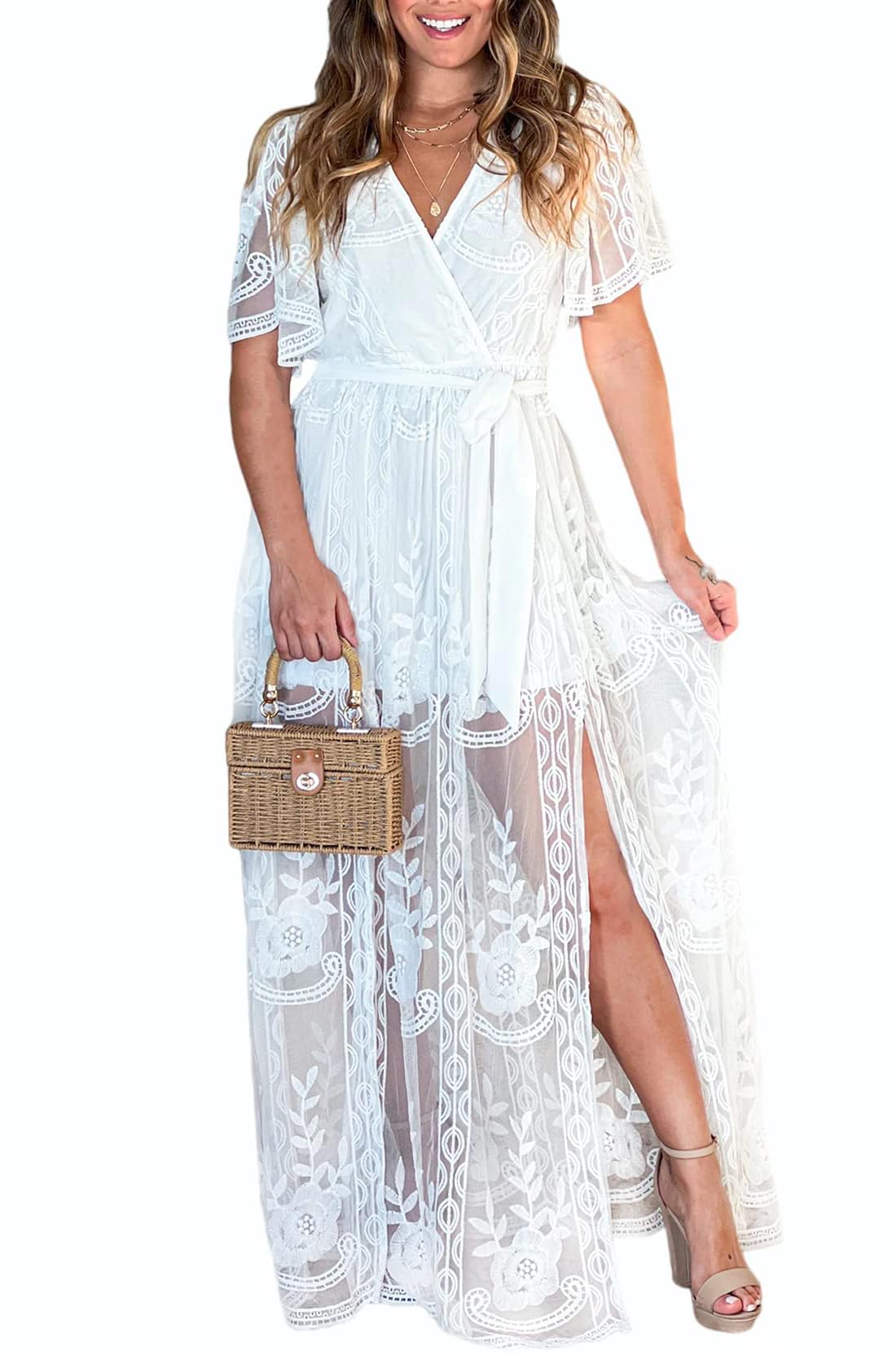 MERMAID'S CLOSET V-Neck Embroidery Lace White Bridal Shower Maxi Dress Women's Tie Waist Side Split Maternity Wedding Party Dresses