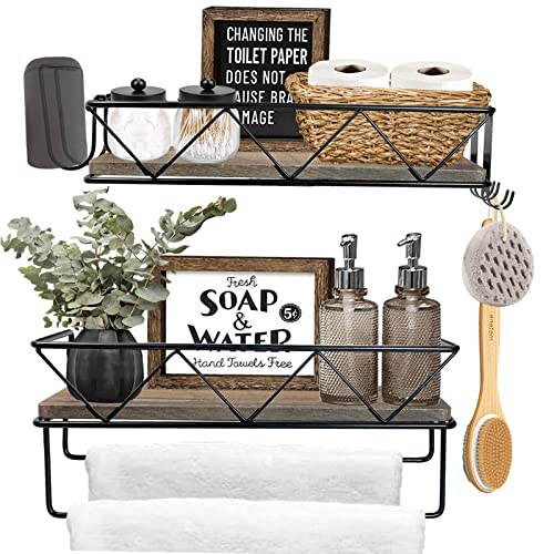 QEEIG Floating Shelves - Bathroom Shelves with Towel Bar Wall Mounted Shelf Farmhouse Bathroom Decor 16 inch Set of 2 (FS014)