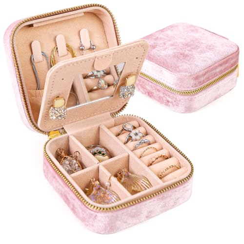Fixwal Travel Plush Velvet Jewelry Box with Mirror Mini Jewelry Case for Women Girls Small Portable Organizer Boxes for Rings Earrings Necklaces Bracelet - Pink