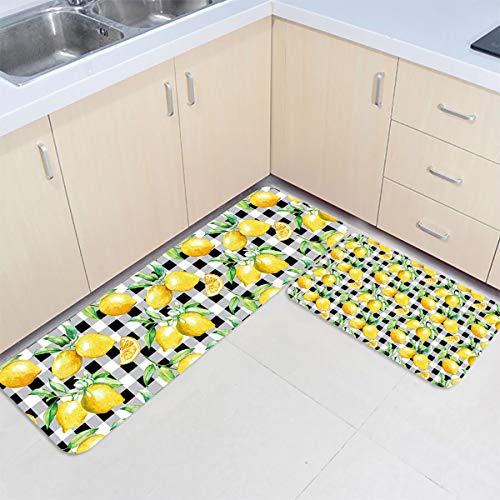 SUN-Shine Watercolor Yellow Lemon Buffalo Plaid Kitchen Rug Set 2 Pieces Cushioned Kitchen Floor Mats Comfort Soft Standing Doormat, Non Slip Rugs and Runner Black White