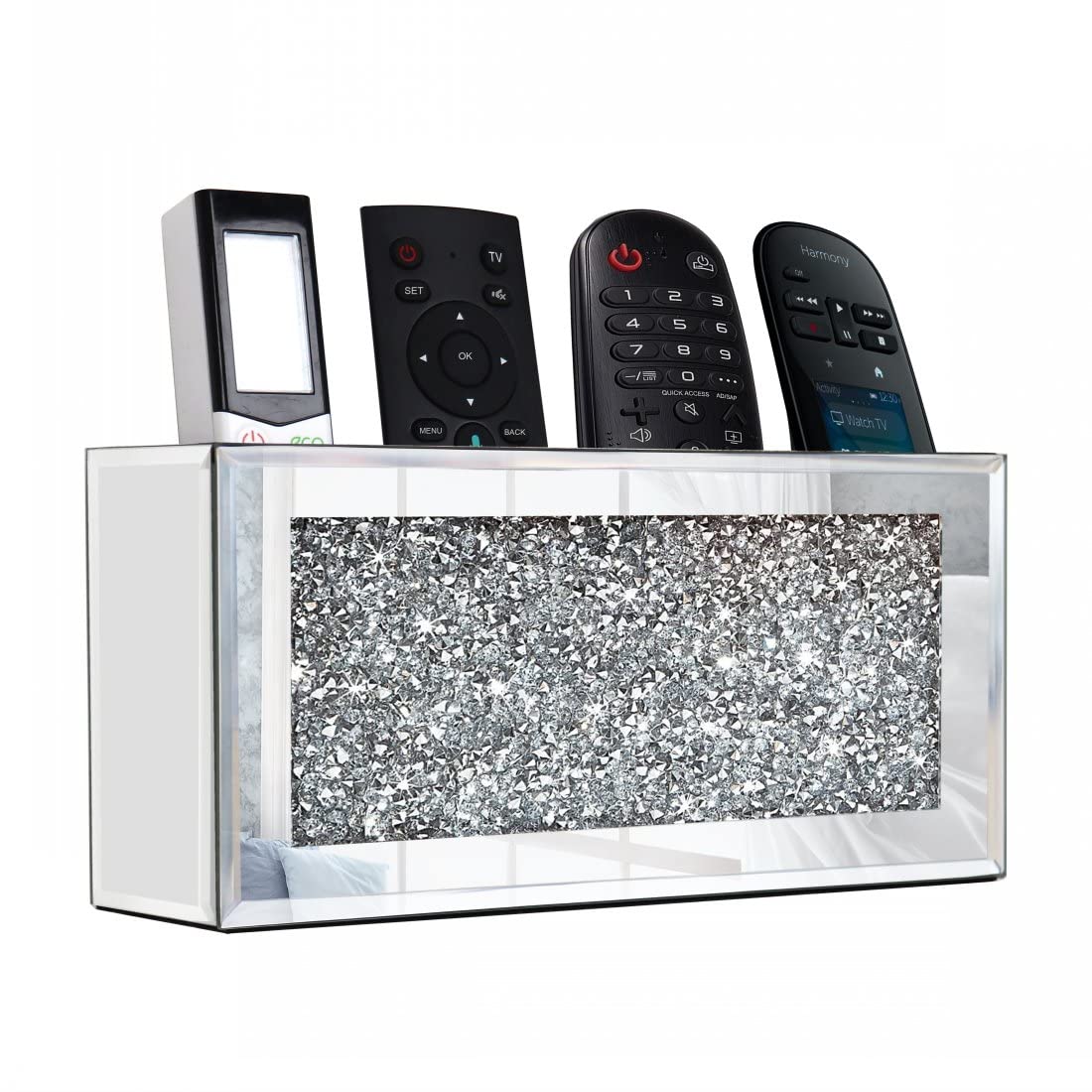 GOTHICO Mirrored Remote Holder, Wall Mounted Crush Diamond Bling Decoration Organizer Storage Box for Remote Phone Pad Wallet Notebook (8.3"×2.5"×4" For 3 or 4 Remote Controls)