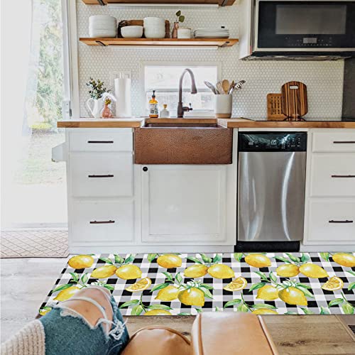SUN-Shine Watercolor Yellow Lemon Buffalo Plaid Kitchen Rug Set 2 Pieces Cushioned Kitchen Floor Mats Comfort Soft Standing Doormat, Non Slip Rugs and Runner Black White