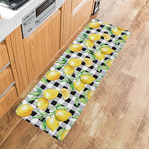 SUN-Shine Watercolor Yellow Lemon Buffalo Plaid Kitchen Rug Set 2 Pieces Cushioned Kitchen Floor Mats Comfort Soft Standing Doormat, Non Slip Rugs and Runner Black White
