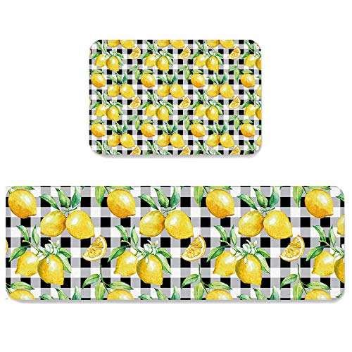 SUN-Shine Watercolor Yellow Lemon Buffalo Plaid Kitchen Rug Set 2 Pieces Cushioned Kitchen Floor Mats Comfort Soft Standing Doormat, Non Slip Rugs and Runner Black White