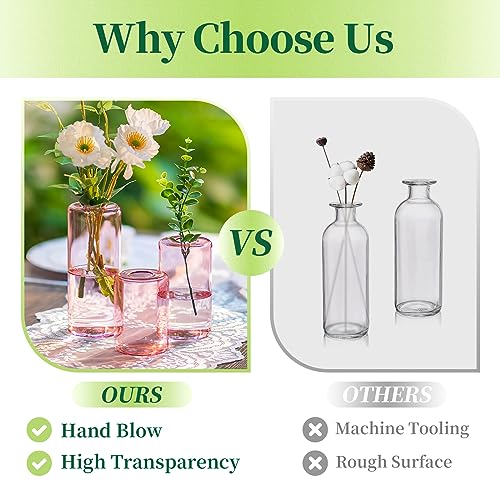 Small Glass Bud Vases for Centerpieces – Hewory 12pcs Pink Blown Single Flower Vases Bulk, Modern Mini Cylinder Vase Set for Wedding Anniversary Birthday Party Events Home Living Room Table Decor
