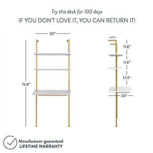 Nathan James Theo 2-Shelf Industrial Wall Mount Ladder Small Computer or Writing Desk, White/Gold Brass