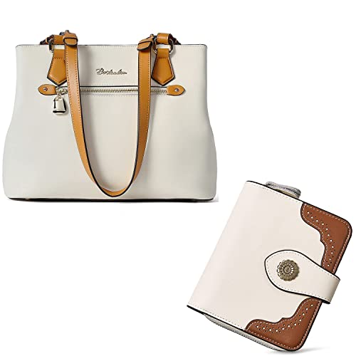 BOSTANTEN Women Handbag Genuine Leather Soft Designer Top Handle Purses Bundle with Women Leather Wallet RFID Blocking Small Bifold Wallet