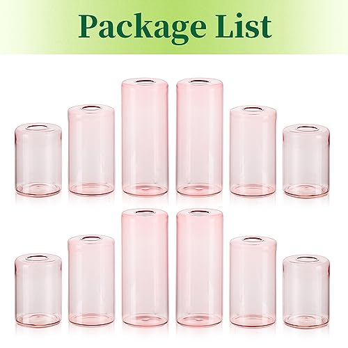 Small Glass Bud Vases for Centerpieces – Hewory 12pcs Pink Blown Single Flower Vases Bulk, Modern Mini Cylinder Vase Set for Wedding Anniversary Birthday Party Events Home Living Room Table Decor