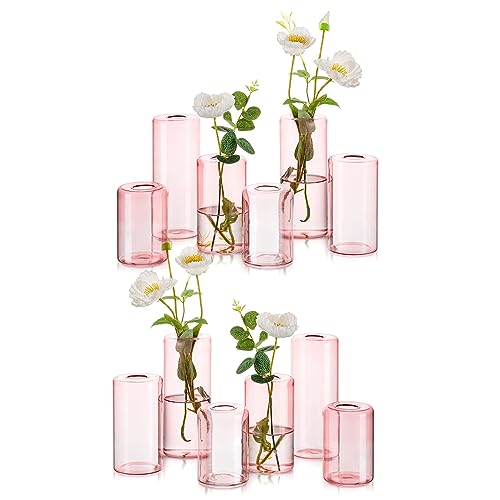 Small Glass Bud Vases for Centerpieces β Hewory 12pcs Pink Blown Single Flower Vases Bulk, Modern Mini Cylinder Vase Set for Wedding Anniversary Birthday Party Events Home Living Room Table Decor