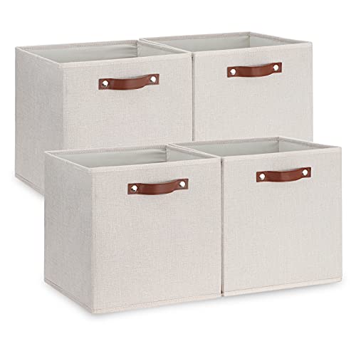 Temary Fabric Storage Cubes Storage Bins with Dual Leather Handles, 4 Pack Cube Baskets 13x13 Foldable Cube Organizers for Shelves, Home, Office, Nursery