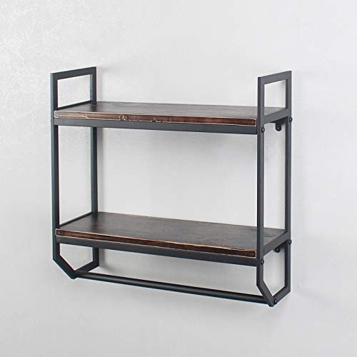 OISSIO Bathroom Shelves Wall Mounted,2 Layer Bathroom Shelf with Towel Bar,Storage Shelves for Kitchen,Metal&Wood Floating Shelves, Rustic Industrial Bathroom Shelves,Vintage Black