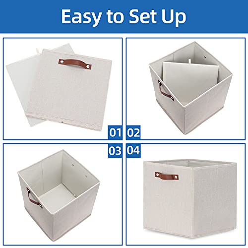 Temary Fabric Storage Cubes Storage Bins with Dual Leather Handles, 4 Pack Cube Baskets 13x13 Foldable Cube Organizers for Shelves, Home, Office, Nursery