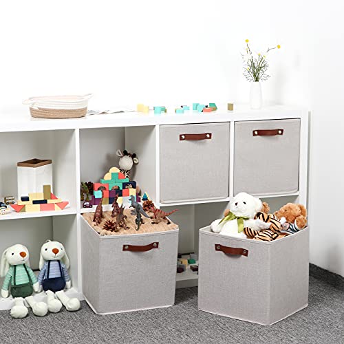 Temary Fabric Storage Cubes Storage Bins with Dual Leather Handles, 4 Pack Cube Baskets 13x13 Foldable Cube Organizers for Shelves, Home, Office, Nursery